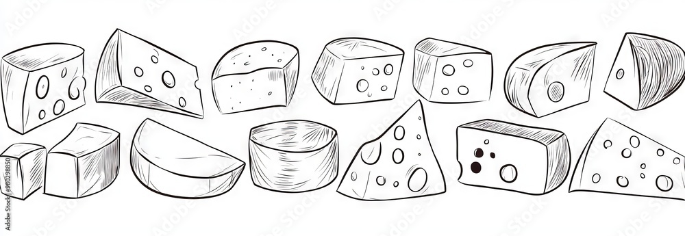 One line drawing of cheeses, dairy products, parmesan, gouda ...