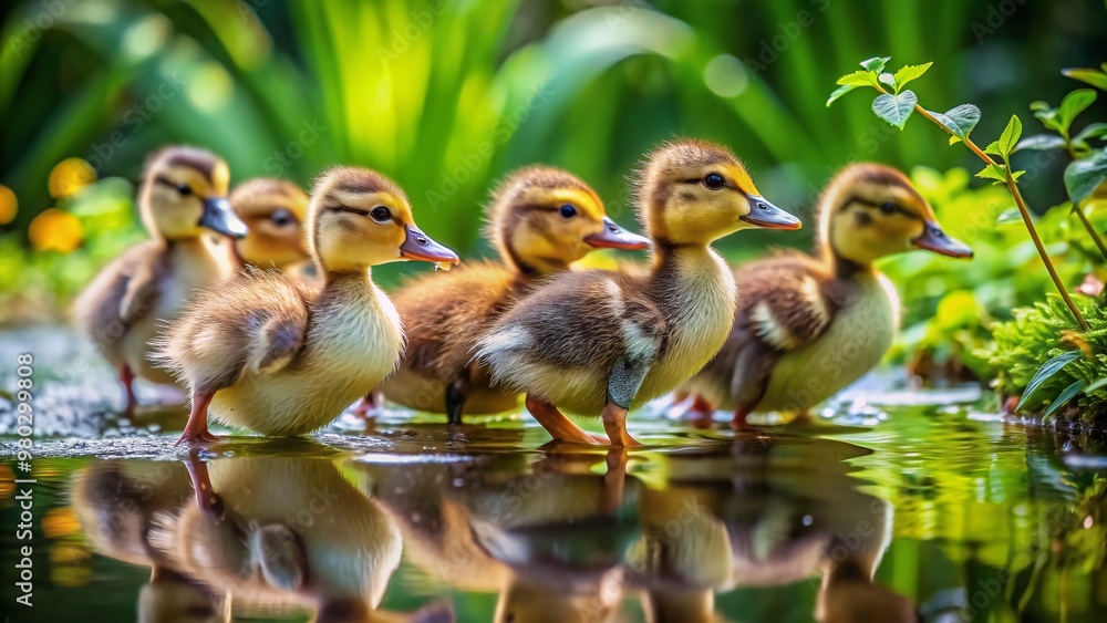 Adorable tiny ducklings waddle through a serene garden pond surrounded ...