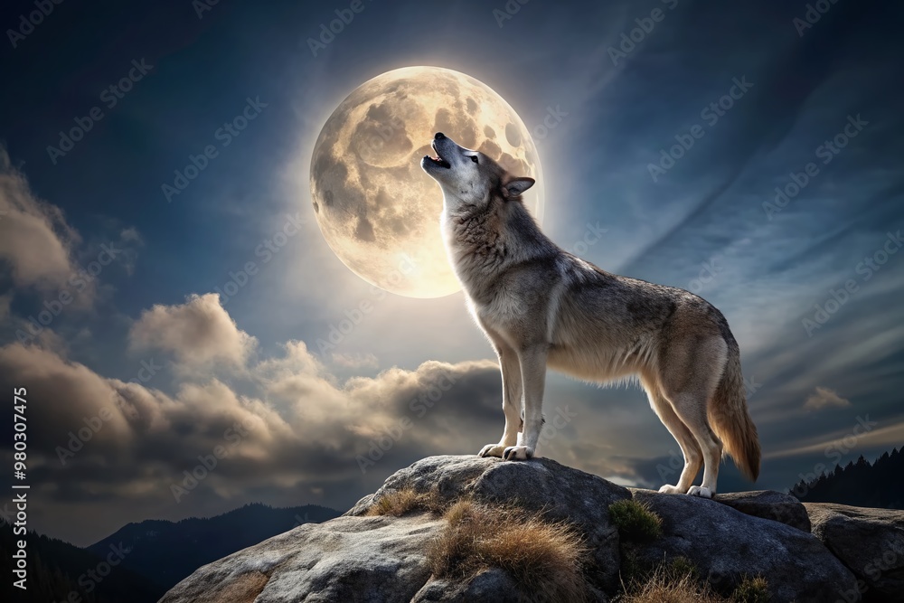 A majestic gray wolf stands atop a rocky outcropping, its piercing gaze ...