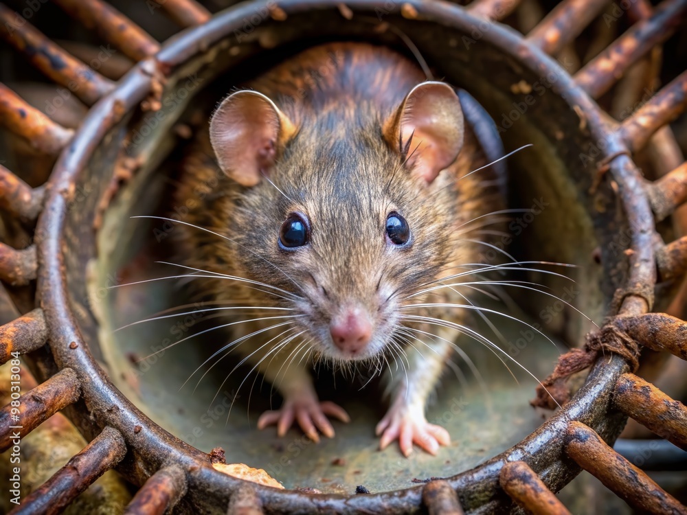 A sneaky rat explores a murky drain pipe, its beady eyes peeking out ...