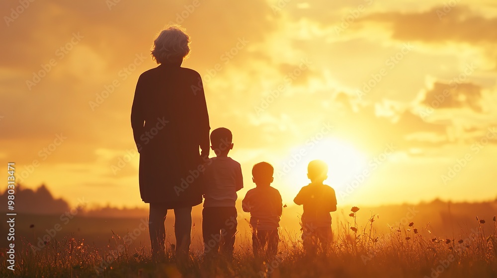silhouette of an eldery person looking at children having; sunset ...