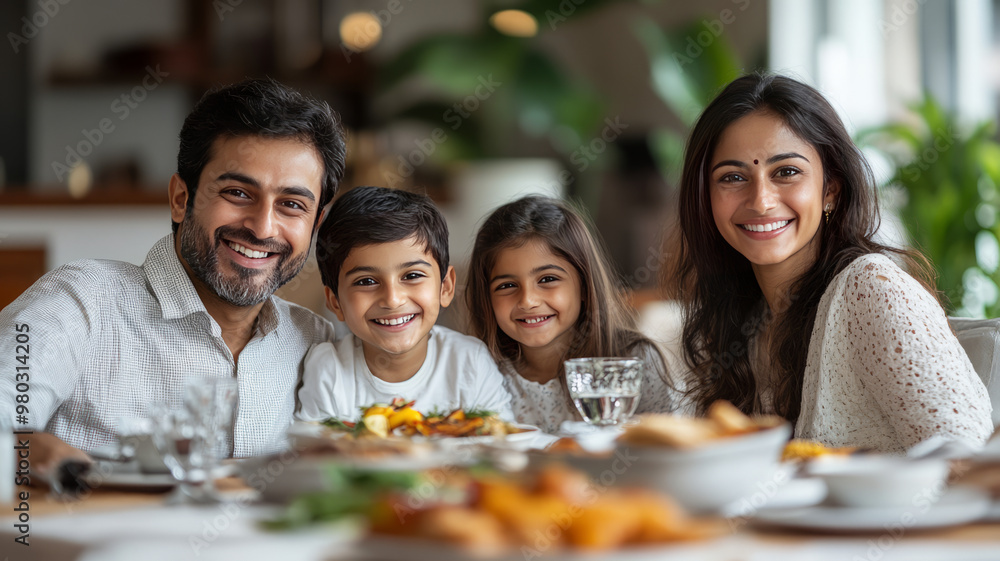 indian family at dining table, early 2000s, middle class, happy ...
