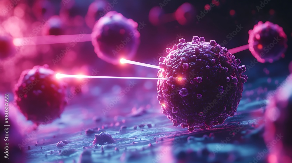 Laser beams focused on a cluster of cancer cells, depicting the ...