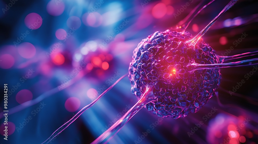 Laser beams focused on a cluster of cancer cells, depicting the ...