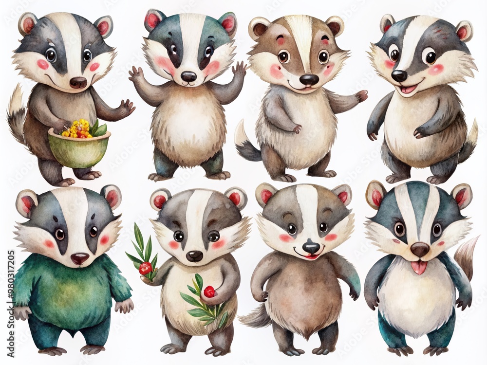 Whimsical watercolor badger character sheet collection, featuring ...