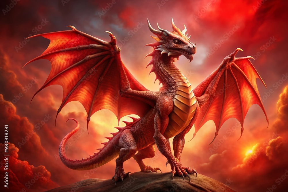Majestic red dragon with outstretched wings and fierce expressions ...