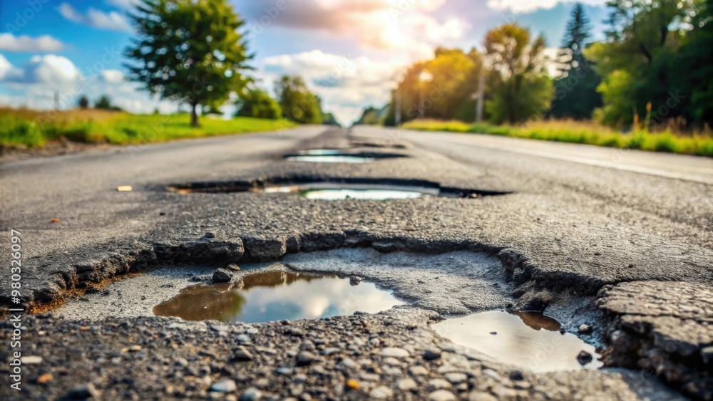 Closeup of potholes on a rough asphalt road, potholes, asphalt, road ...