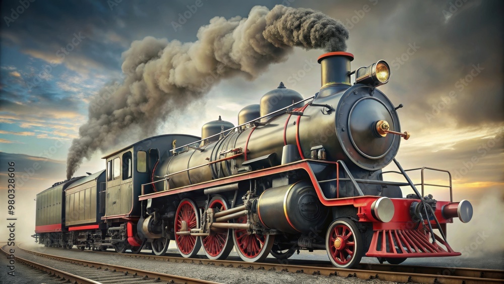 Vintage steam locomotive with a black and red exterior, smoke billowing ...