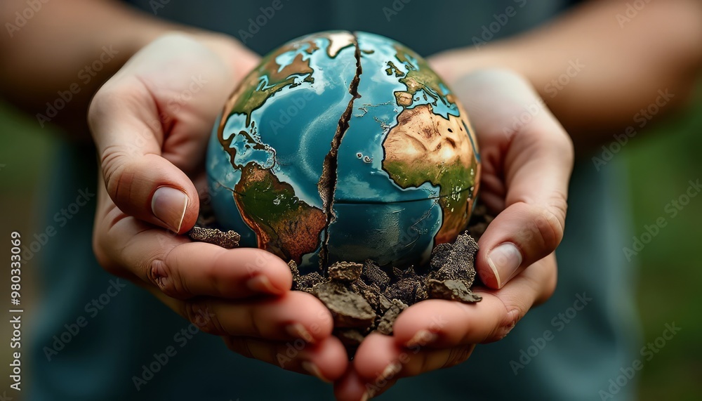 Fragile Planet in Hands with Cracks, Illustrating Environmental ...