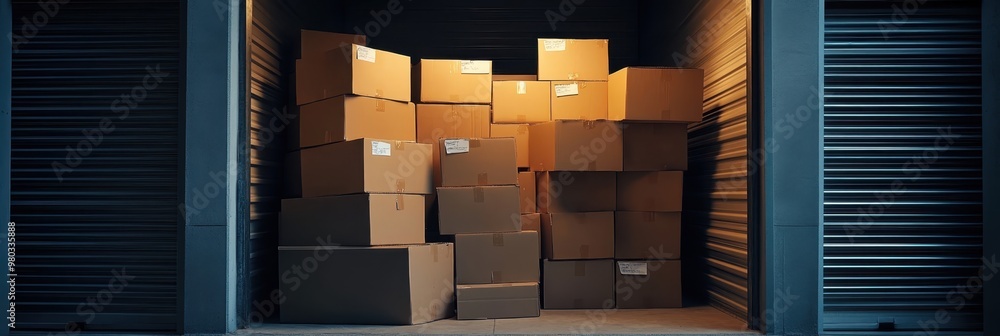 Storage units, stacked cardboard boxes, industrial warehouse, dim ...