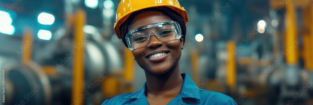African American woman, industrial worker, safety helmet, safety ...