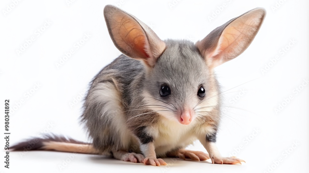 Adorable bilby with fluffy fur and large ears sits alone on a clean ...