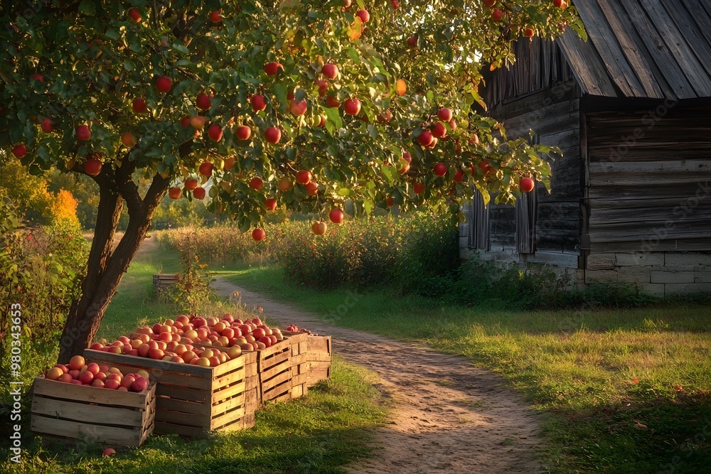 An apple tree stands next to an old wooden barn on a rustic farm. The ...