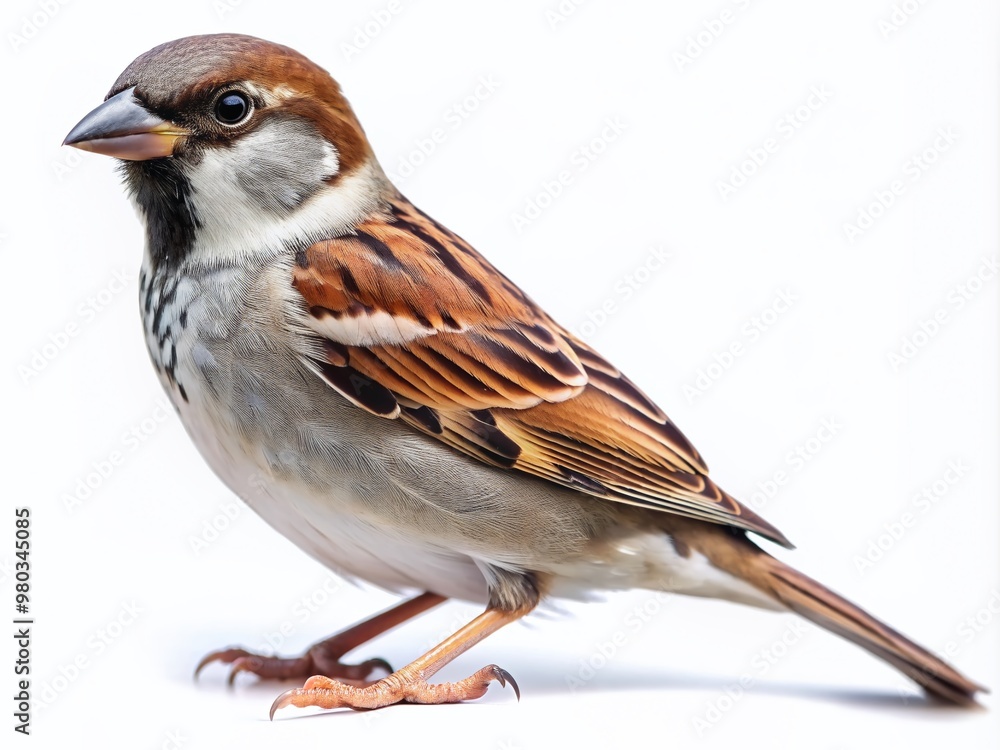 Small, delicate brown sparrow with white underside and gray crown ...