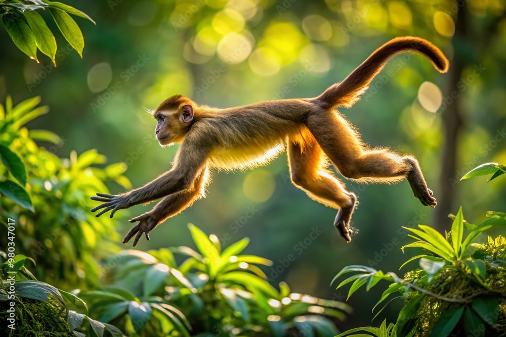 Agile monkey leaps with effortless grace, its brown fur blending with ...
