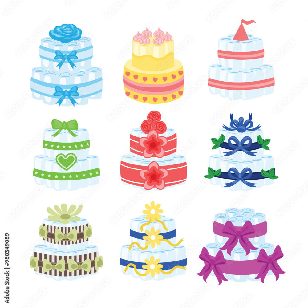 Set of baby diaper cake set collection cartoon Diapers for baby shower ...