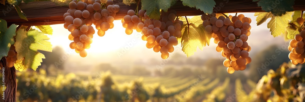 A scenic view of ripe grape clusters hanging from a trellis in a sunlit ...