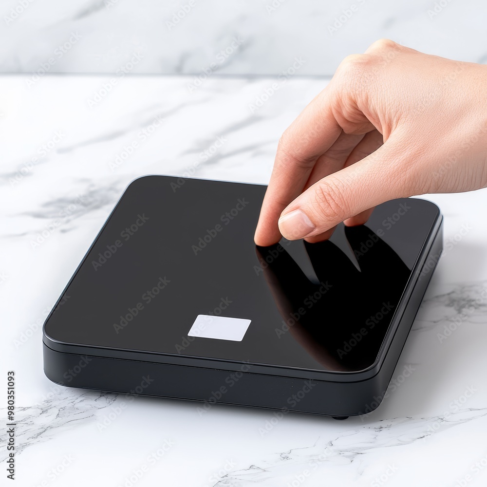 Hand adjusting the settings on a digital scale for a BMI check, weight ...