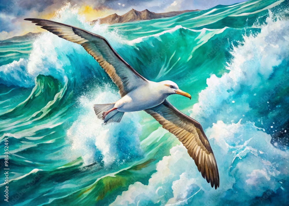 Vibrant watercolor depiction of an albatross gliding effortlessly above ...