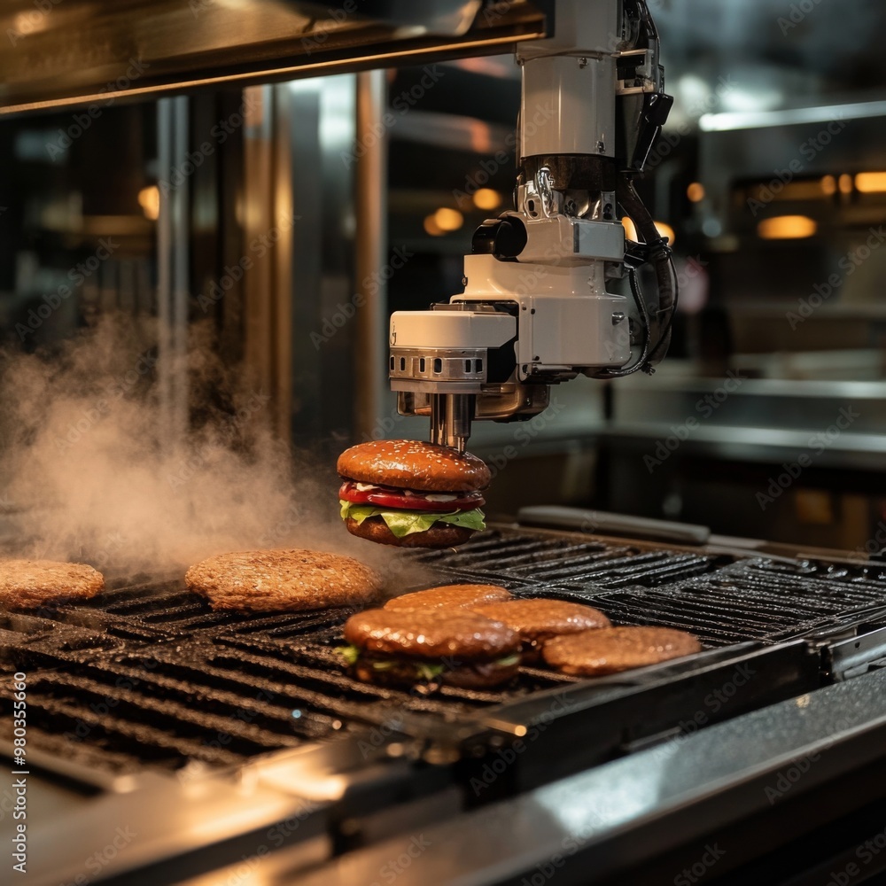 Robot chef flipping burgers on a smart grill in a tech-driven fast-food ...