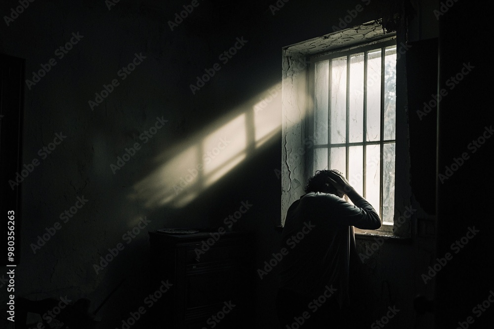 A shadowy silhouette in a dim chamber grips their head in anguish ...