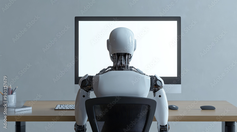 3D robot woman with AI using a computer at a desk. A cyborg girl seated ...
