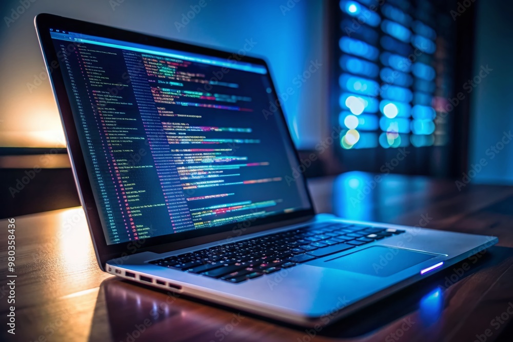 Illuminated laptop screen glows in dark room, displaying programming ... Illuminated laptop screen glows in dark room, displaying programming ...