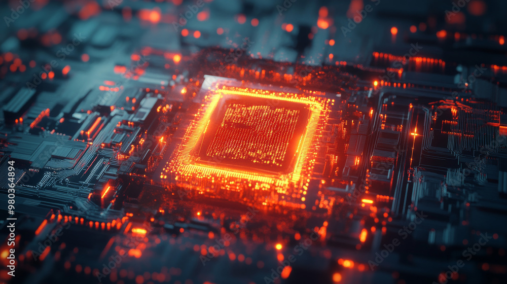 Conceptual abstraction of a quantum computer. Digital signal beam traversing a qubit within an ...