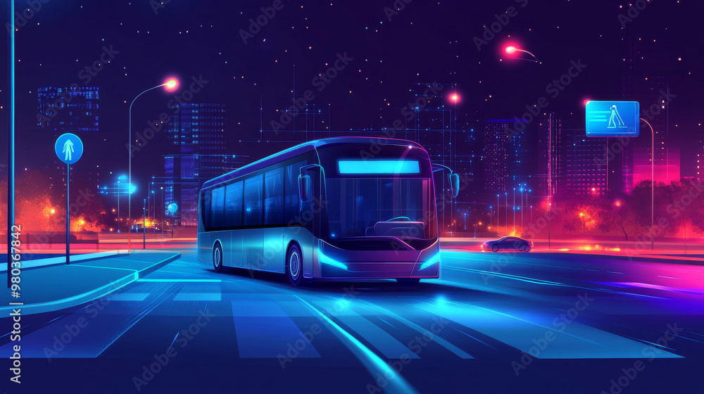 An autonomous smart bus and car traveling through a night city. The ...
