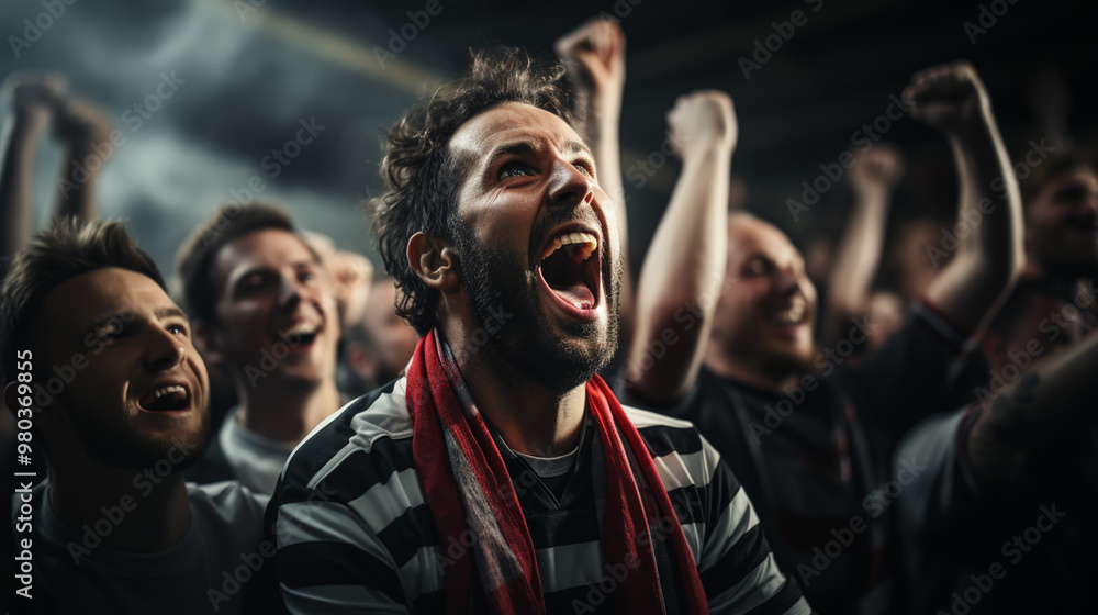 Crowd of sports fans cheering during a match in stadium. Excited people ...