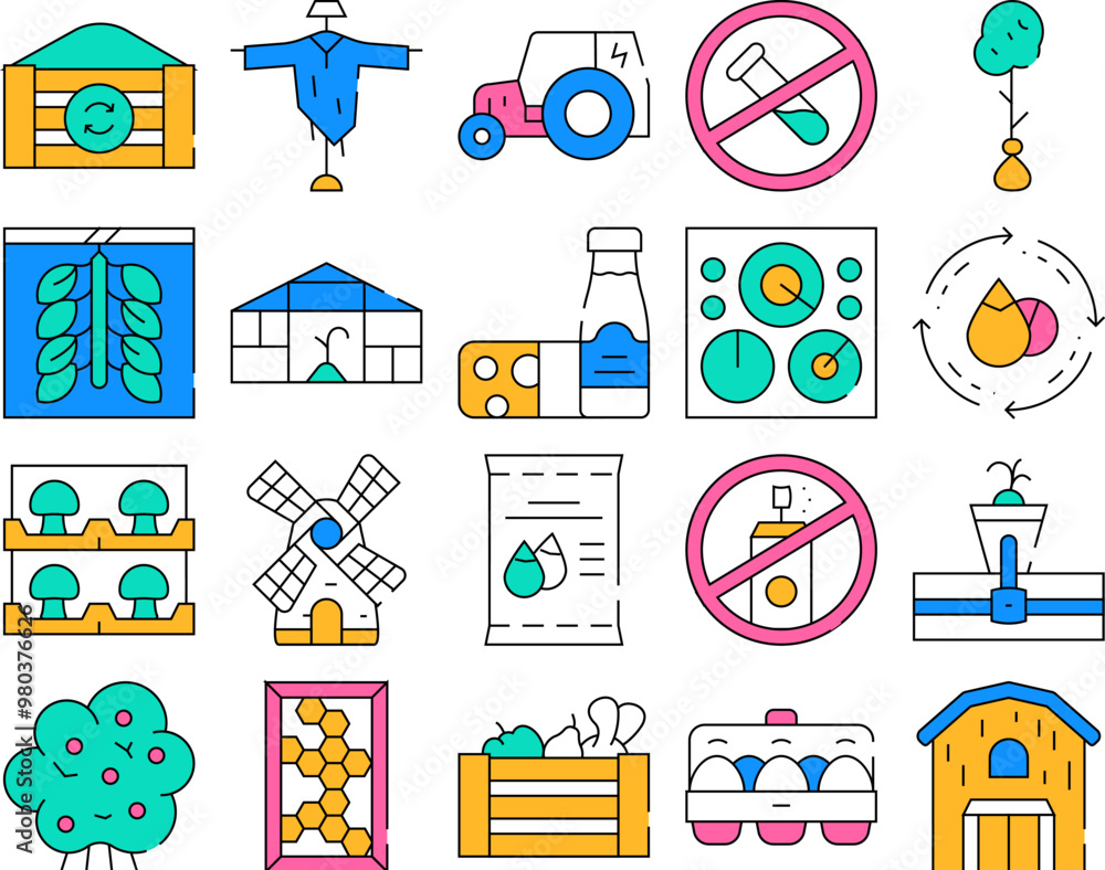 Organic Eco Farming Collection Icons Set Vector. Electrical Tractor And ...