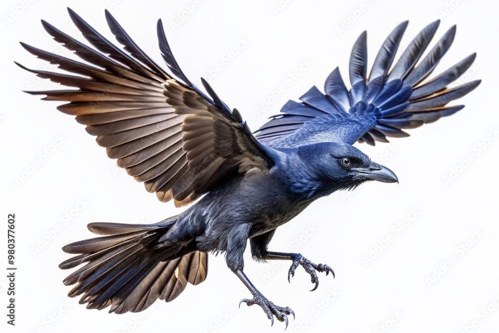 A majestic black crow in mid-flight, wings outstretched, isolated on a ...