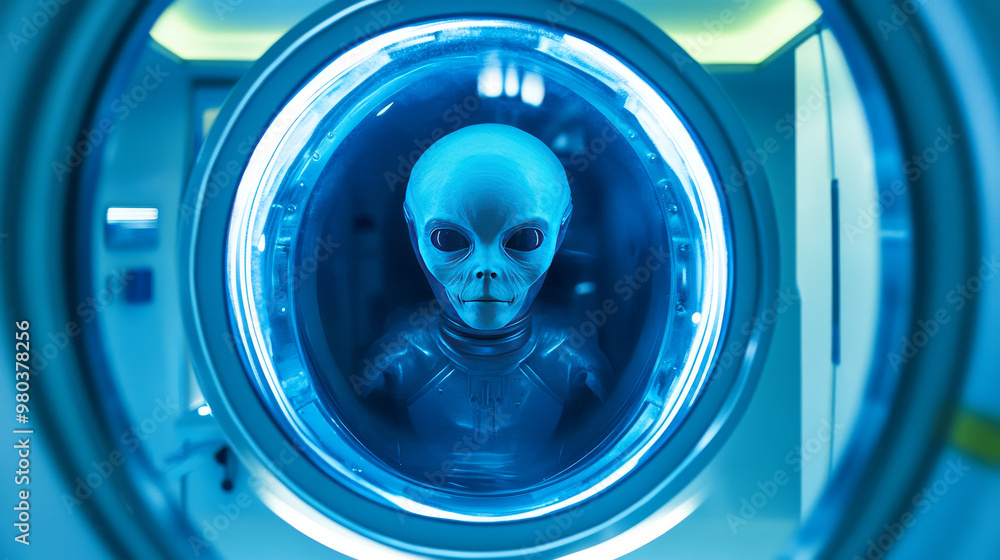 Alien in a cryogenic capsule within a science laboratory ...