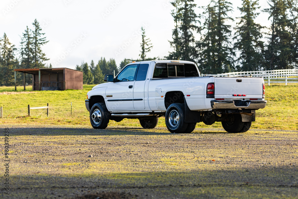 Portland, OR, USA - Dec 8, 2023 - 2001 White Dodge Ram 3500 dually ...