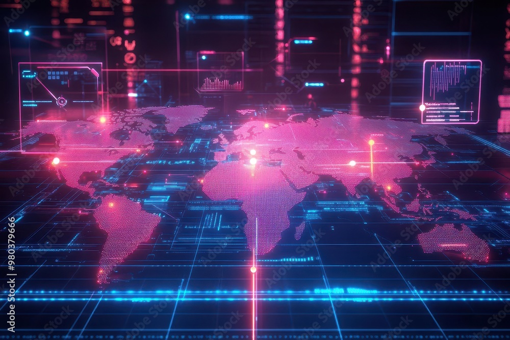 Futuristic digital map showcasing global data and technology in vibrant ...
