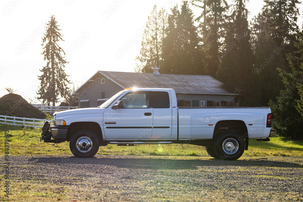 Portland, OR, USA - Dec 8, 2023 - 2001 White Dodge Ram 3500 dually ...