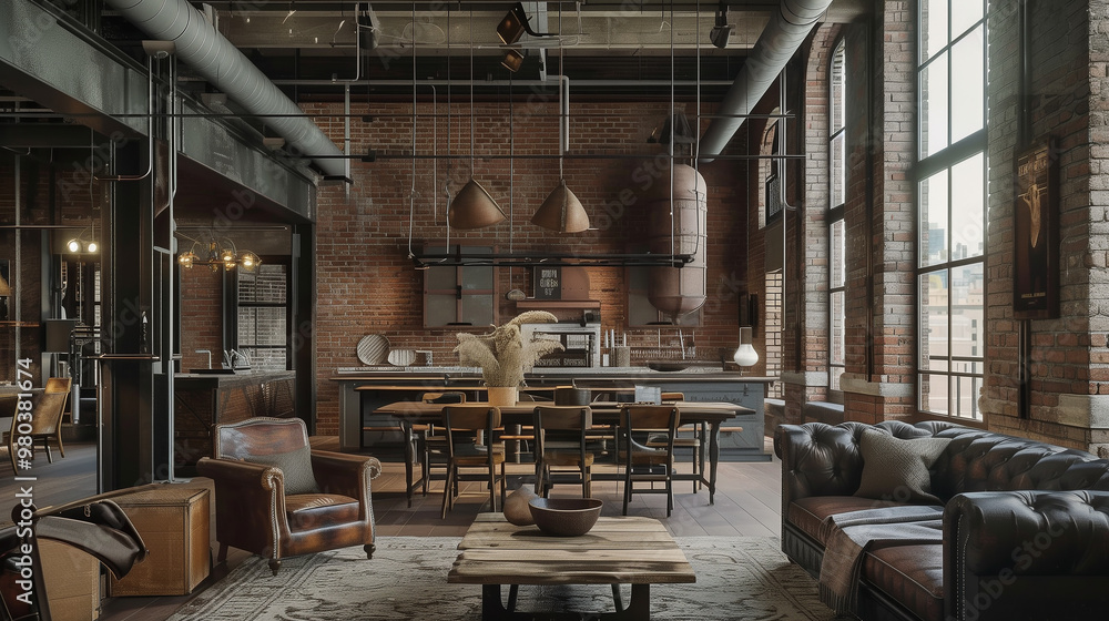 Industrial-style interiors with exposed brick, metal accents, and ...