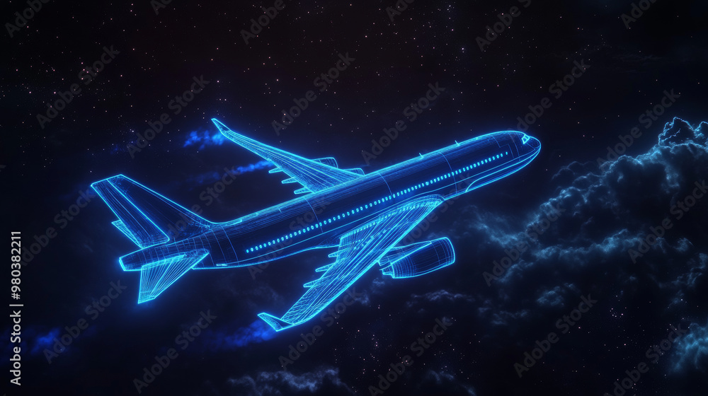 Blue neon airplane illustration in the night sky. A mesmerizing ...