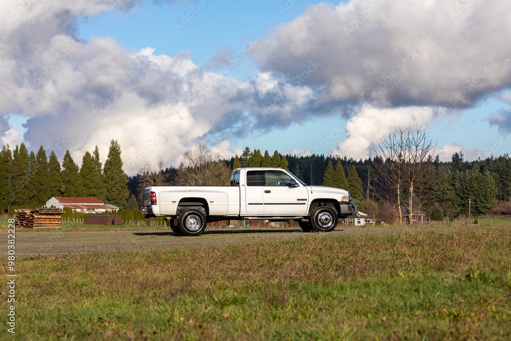 Portland, OR, USA - Dec 8, 2023 - 2001 White Dodge Ram 3500 dually ...