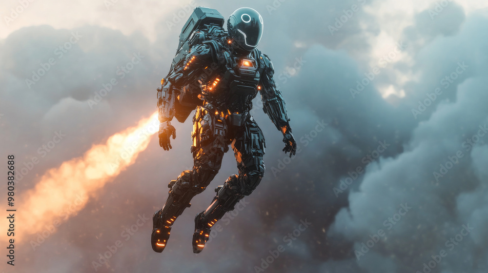 Man launching a flying jetpack. Robotic armor with a rocket engine ...