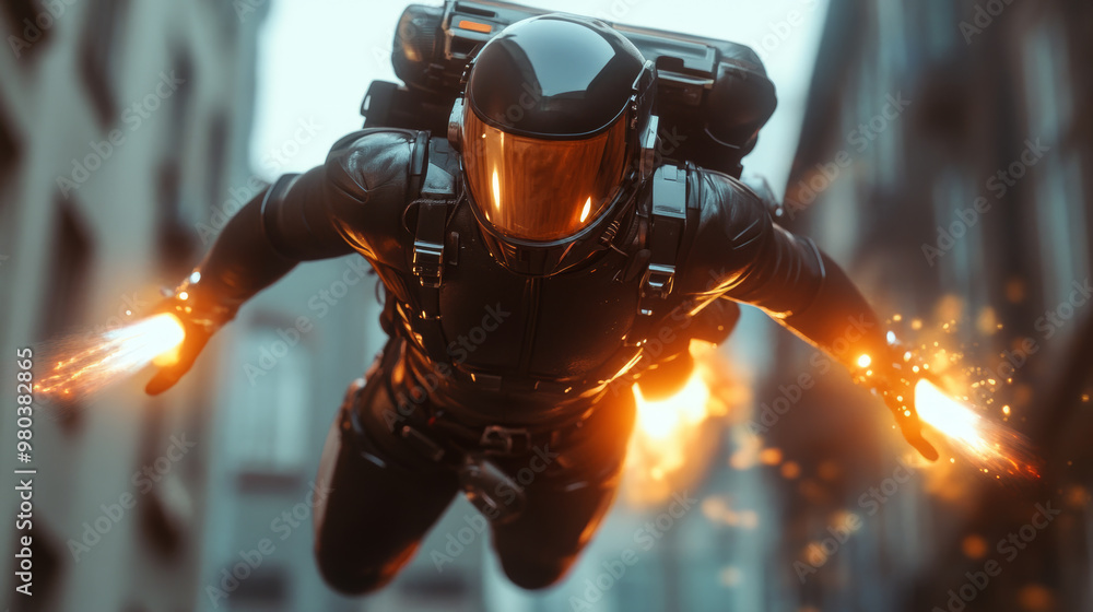 Man launching a flying jetpack. Robotic armor with a rocket engine ...
