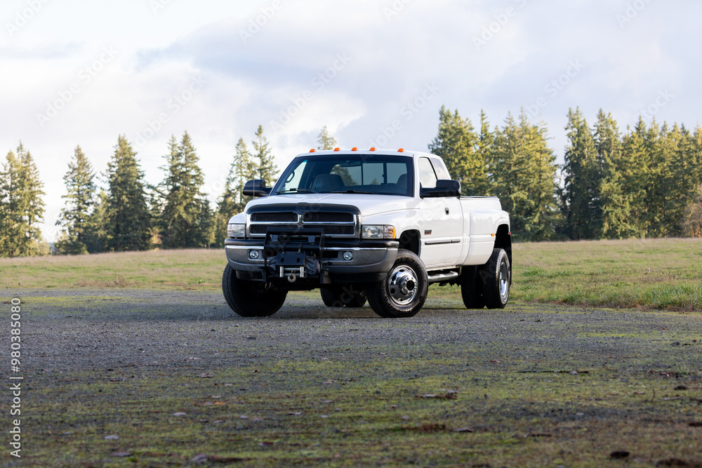 Portland, OR, USA - Dec 8, 2023 - 2001 White Dodge Ram 3500 dually ...