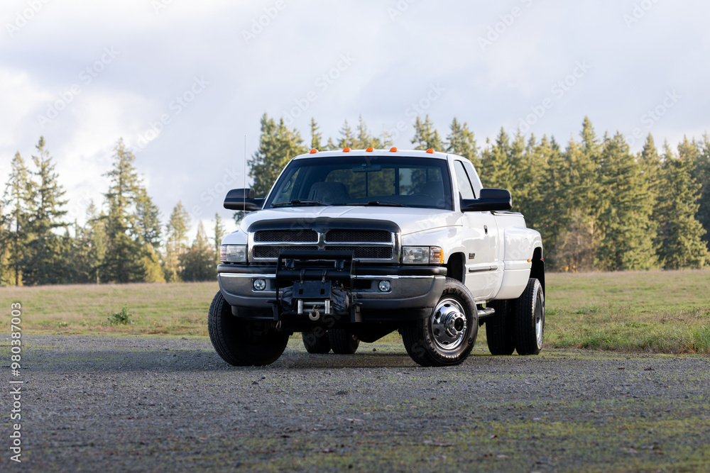 Portland, OR, USA - Dec 8, 2023 - 2001 White Dodge Ram 3500 dually ...