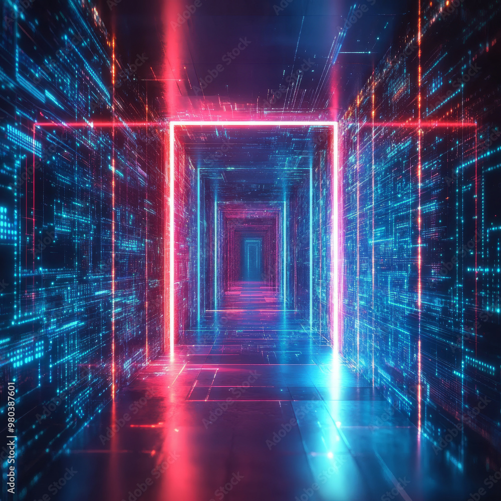 A futuristic door in cyberspace, serving as a portal to a digital data ...