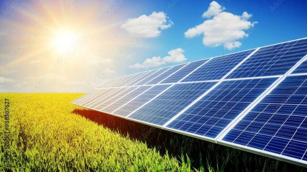 Granja de paneles solares en un campo verde, capturando la luz del sol ...
