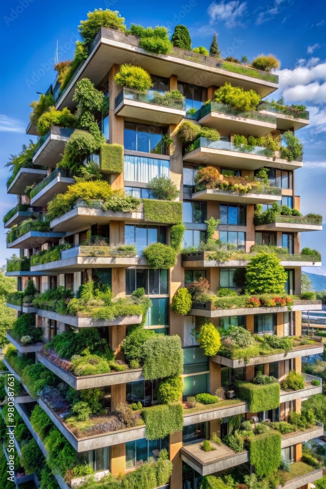 Edificio residencial moderno con balcones cubiertos de plantas verdes ...