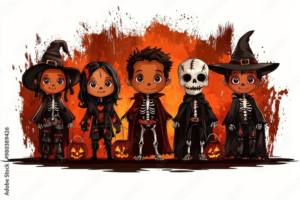 Creepy cartoon characters in Halloween costumes. Group of spooky chibi ...