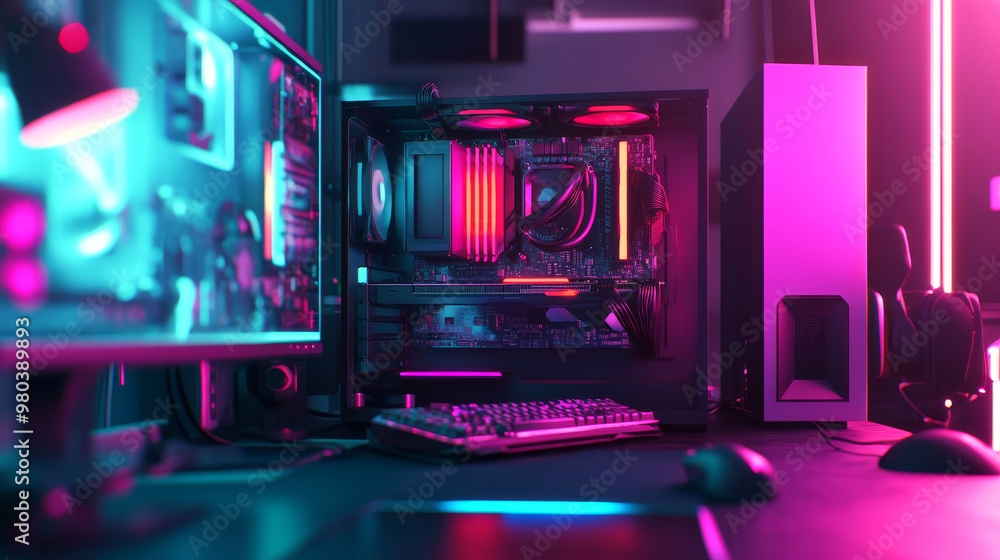 Overclocking gaming PC concept: hardware elements with neon ...