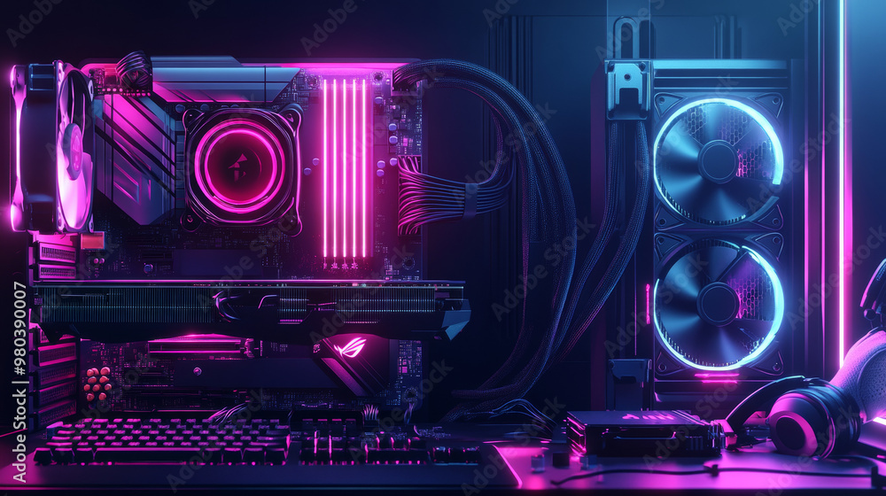 Overclocking gaming PC concept: hardware elements with neon ...