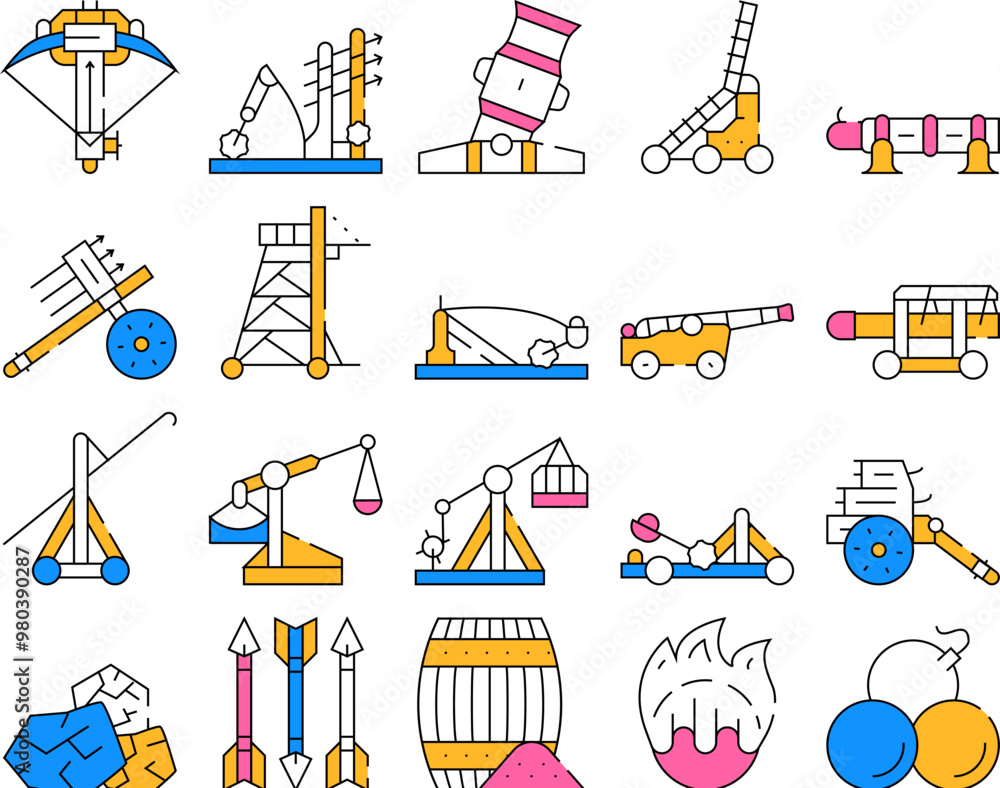 Siege Engine Catapult Collection Icons Set Vector. Ancient Weapon And ...